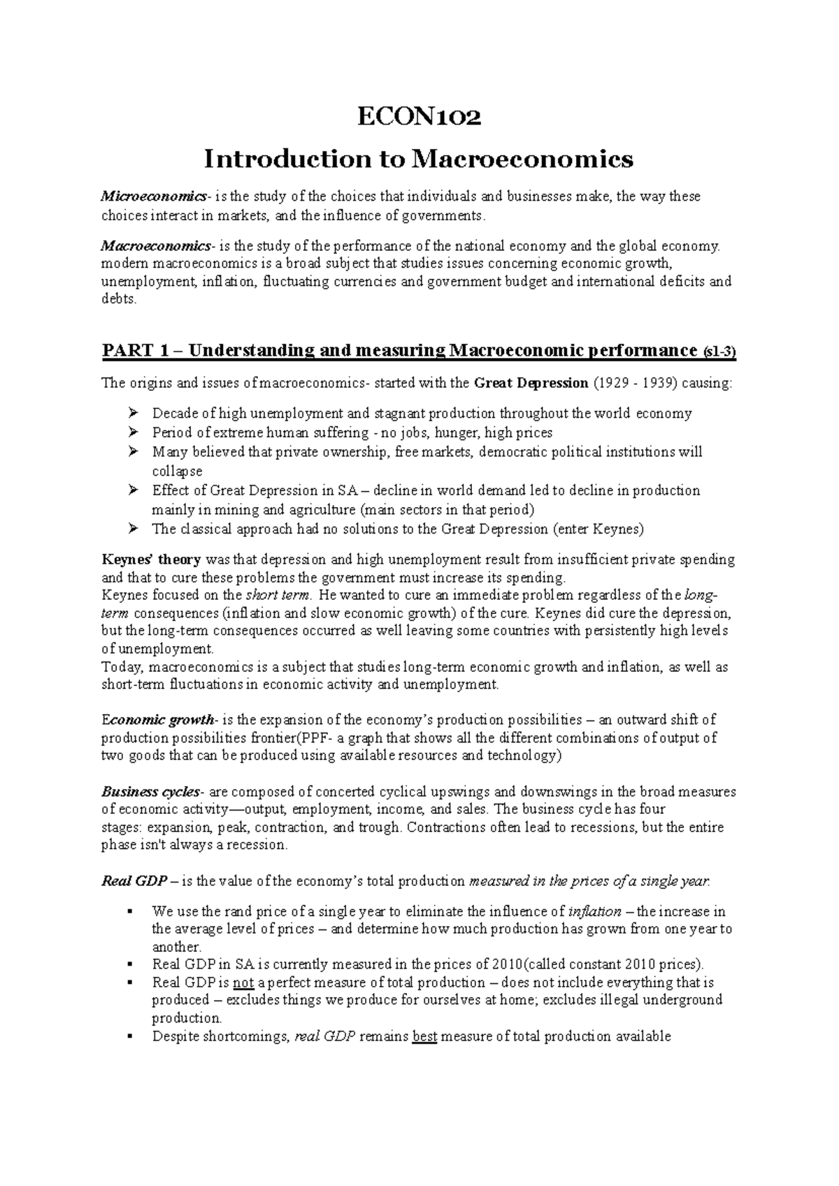 ECON102 Final Exam Notes: Understanding Macroeconomics and GDP - Studocu