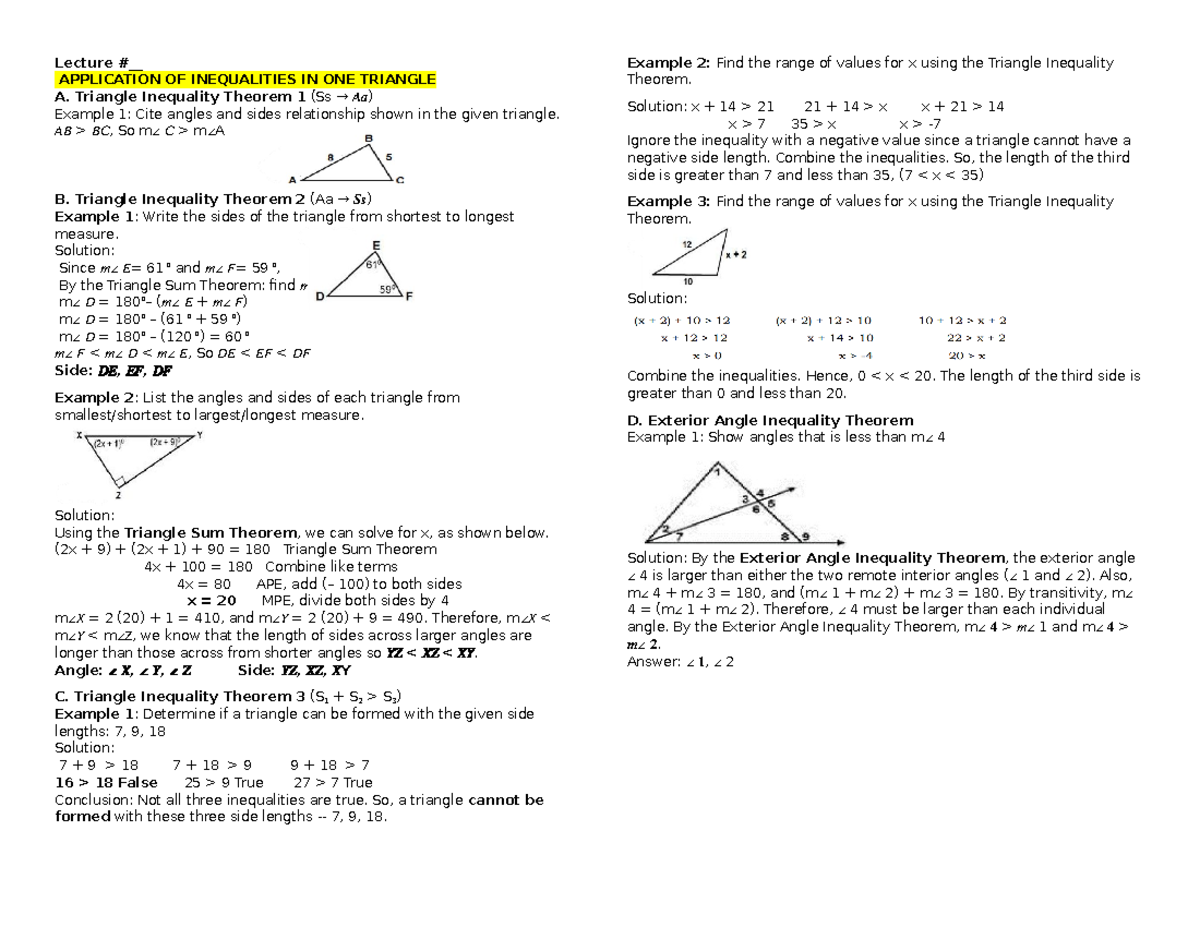 Lecture - Application of Inequalities in Triangles (Math 101) - Studocu