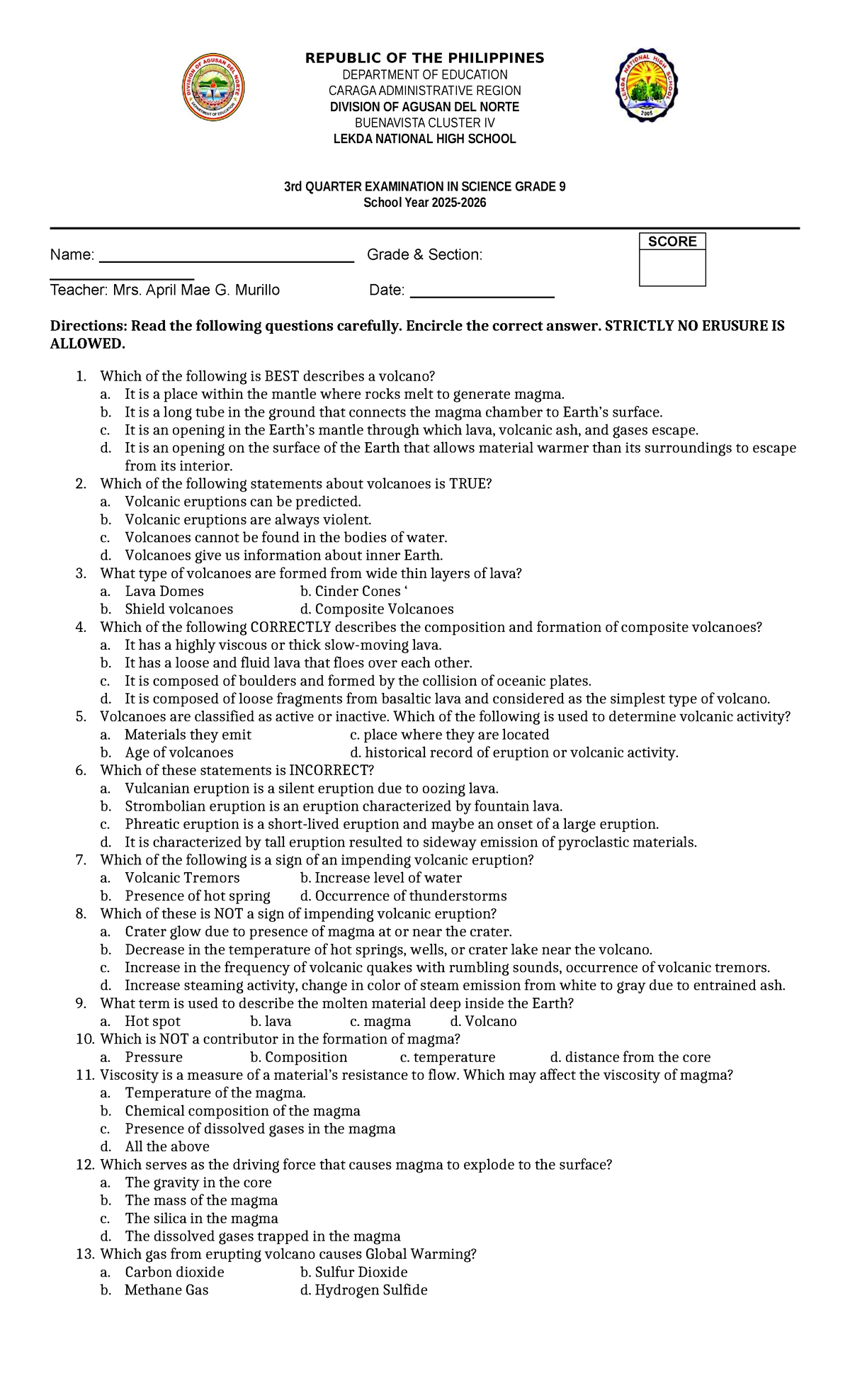 3rd Quarter Examination in Science 9 (Grade 9) - Studocu
