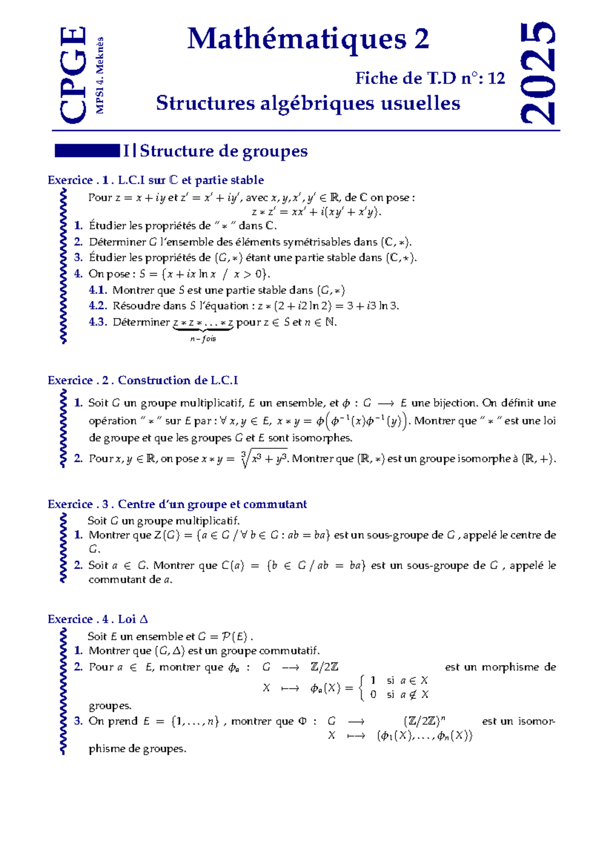 TD 12 : Structures Algébriques Usuelles - MPSI 4 - Exercices et ...