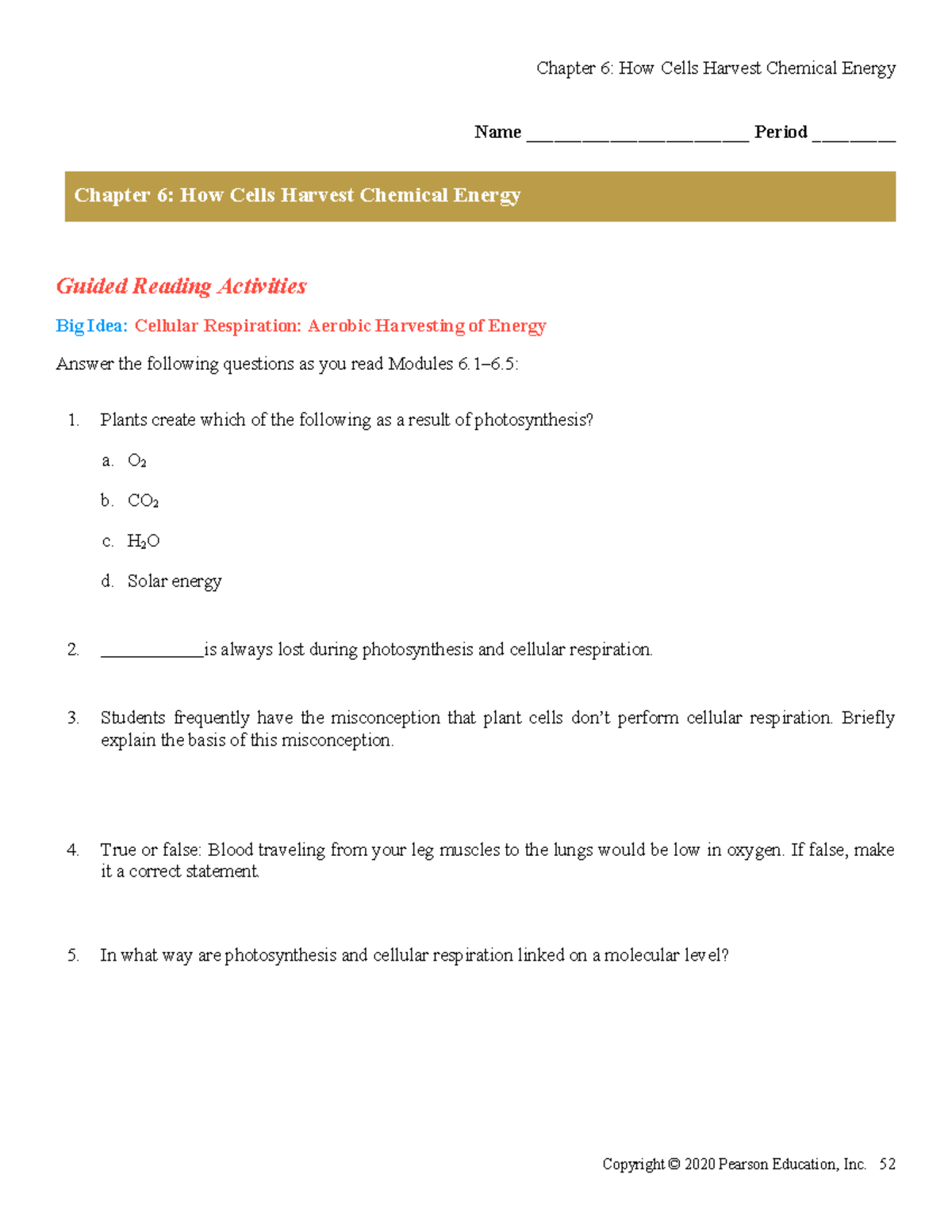 CBCC10 Guided Reading: Chapter 6 - Cellular Energy Harvesting - Studocu