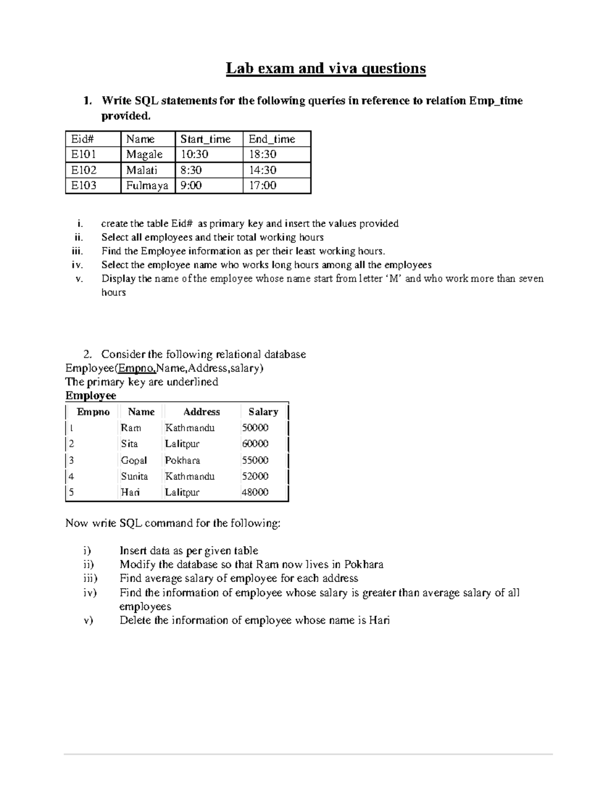 Lab Exam SQL Queries - E101: Comprehensive Guide - Studocu