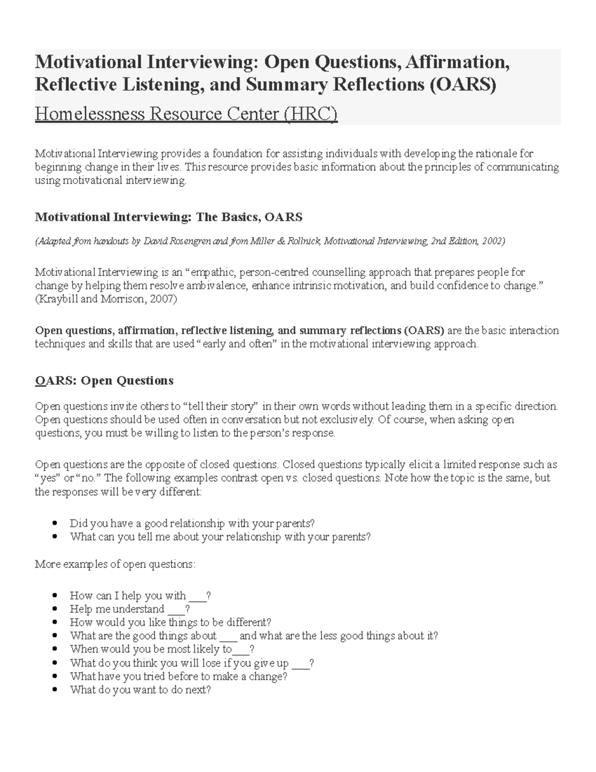 Motivational Interviewing-OARS - Motivational Interviewing: Open ...