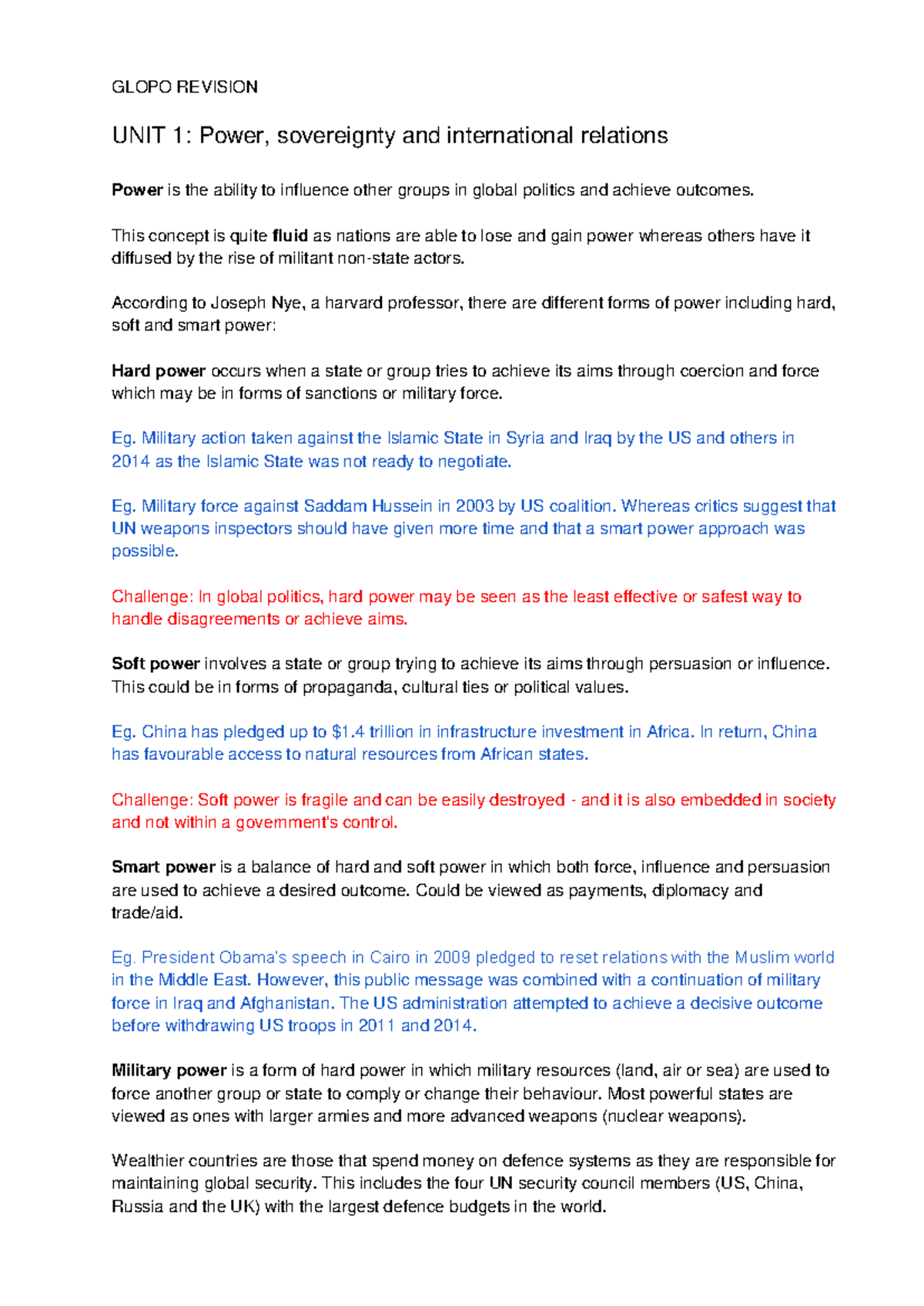 Global Politics Notes - GLOPO REVISION UNIT 1: Power, sovereignty and ...