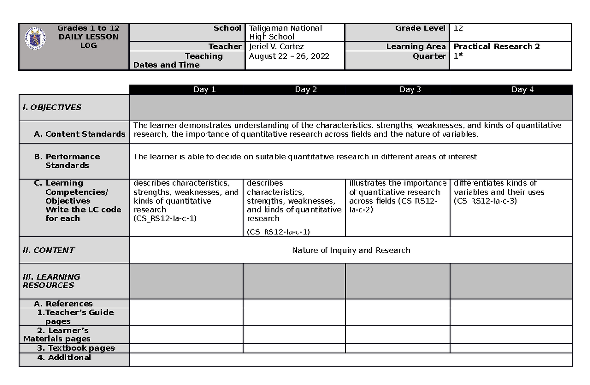 DLL Week 2 - Understanding Quantitative Research - Grade 12 - Studocu