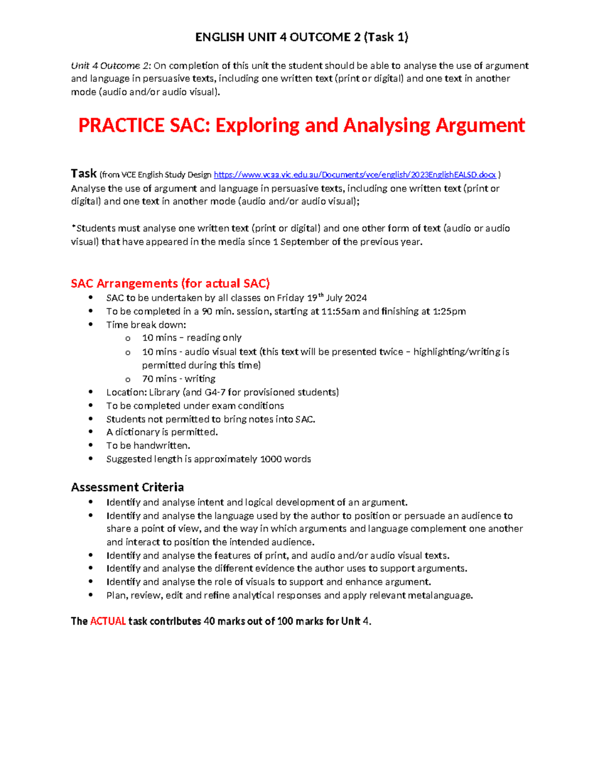 Exploring & Analyzing Argument: Practice SAC VCE English Unit 4 2024 ...