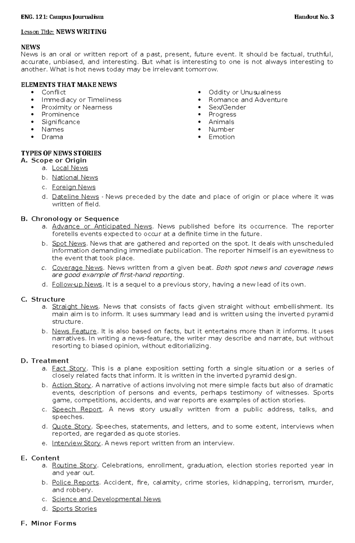 ENG. 121: Campus Journalism Handout No. 3 - News Writing Lecture - Studocu