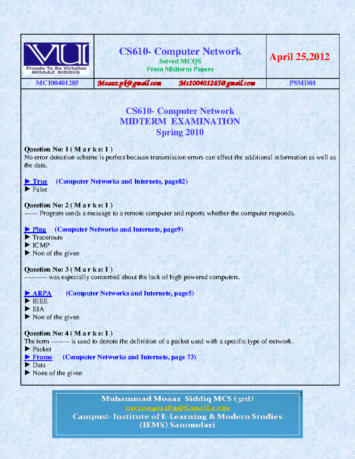 Cs610 Midterm Solved Mcqs By Moaaz Cs610 Computer Network Solved Mcqs From Midterm Papers