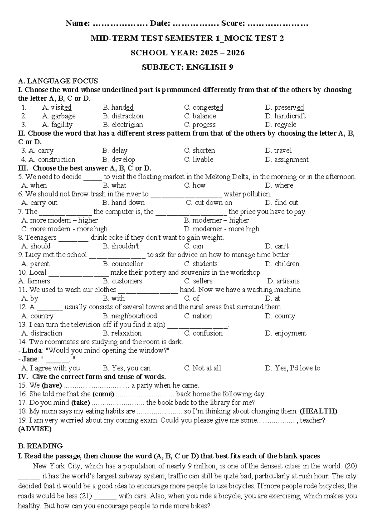 GS9 S1 Mid-term 1 Mock Test 2: English Language Assessment - Studocu