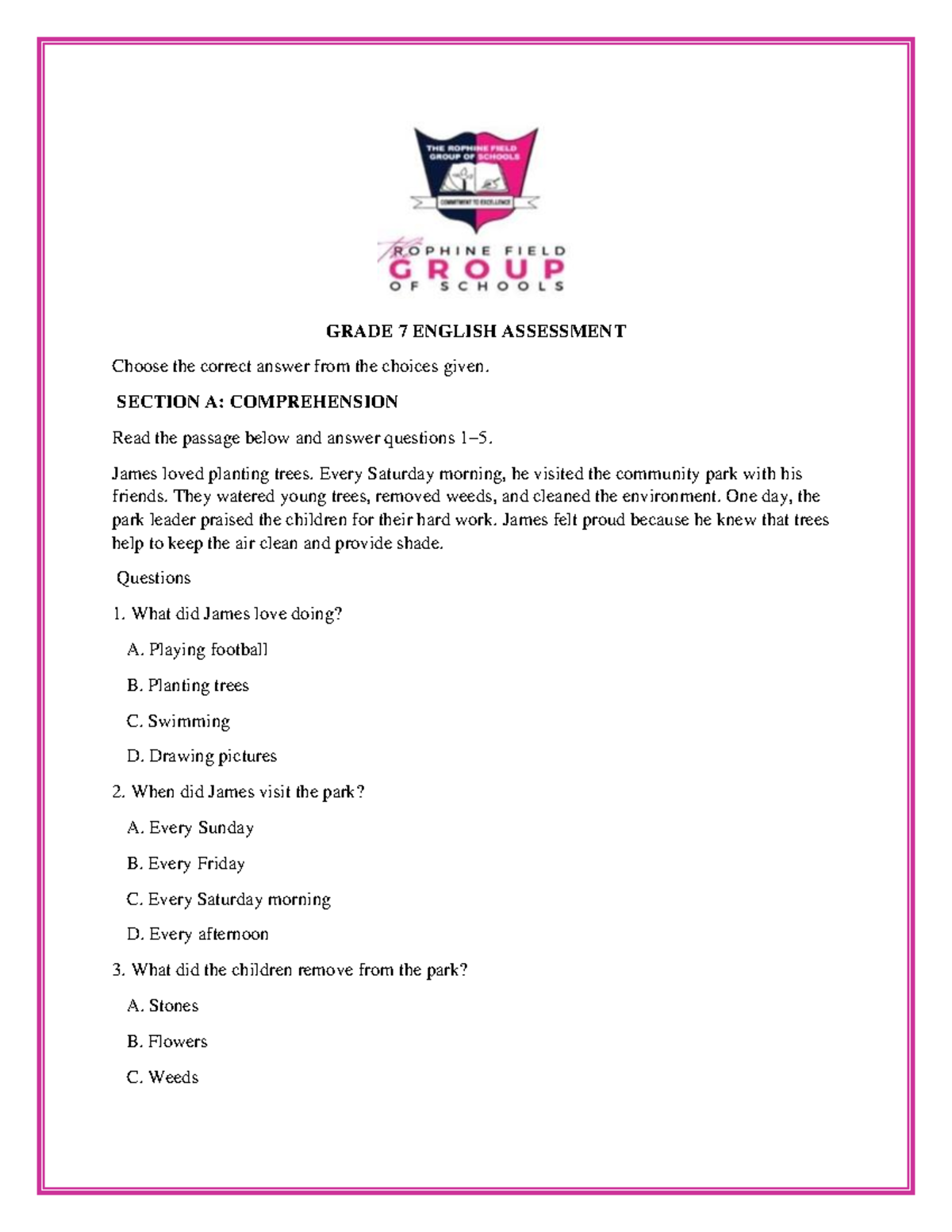 Grade 7 English Assessment: Comprehension & Poetry Questions - Studocu