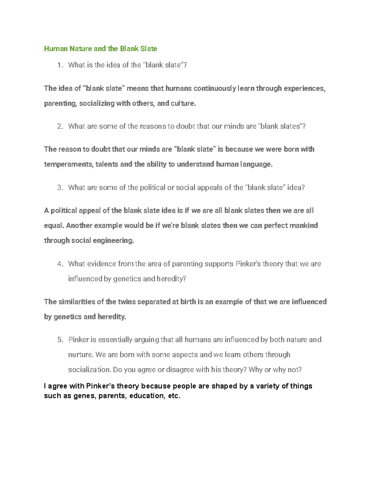 Unit 3 Lab - Exploring the "Blank Slate" Concept in Human Nature - Studocu