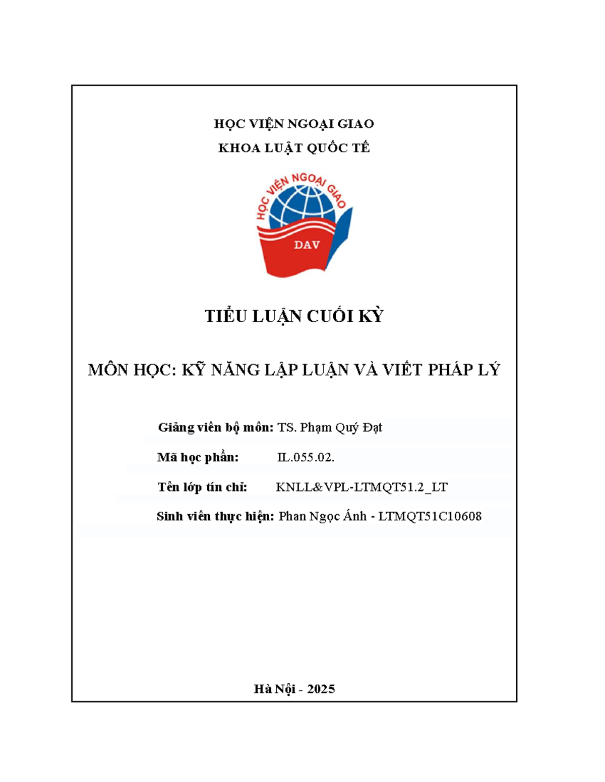 [IL.055.02] Tiểu Luận Cuối Kỳ: Kỹ Năng Lập Luận và Viết Pháp Lý - Studocu