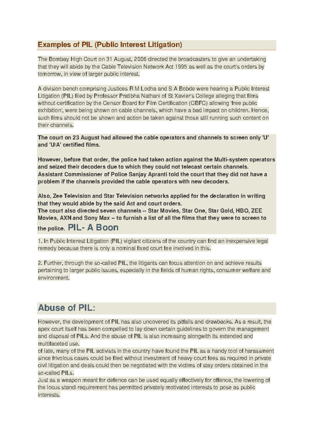 PIL 2 - notes - Examples of PIL (Public Interest Litigation) The Bombay ...