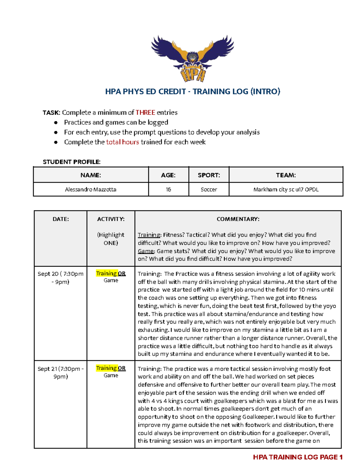 HPA PHYS ED CREDIT TRAINING LOG INTRO - Assignment #1 - Studocu