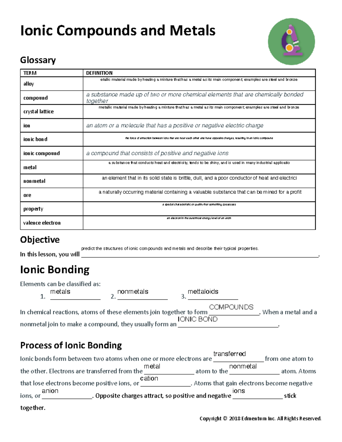 Guided Notes on Ionic Compounds & Metals for Chemistry 101 - Studocu