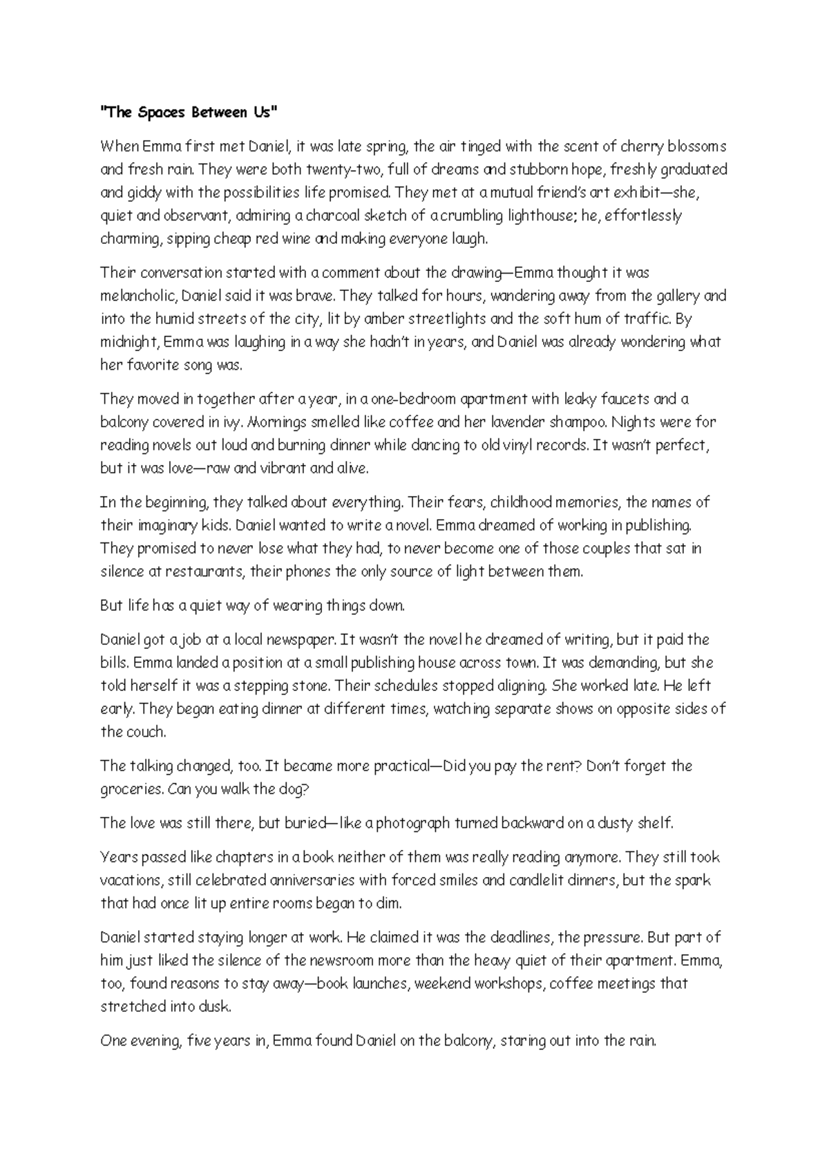 Short Story Assignment: The Spaces Between Us (ENG 101) - Studocu