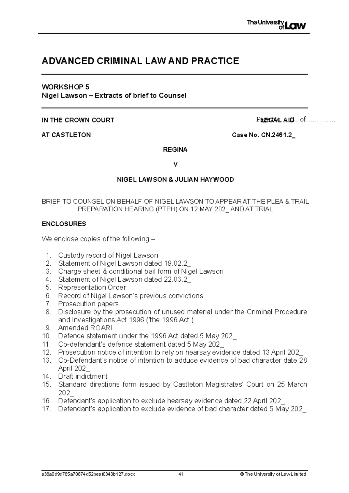 Workshop 5 - Task 2: Legal Brief and Evidence Analysis for CN.2461.2 ...