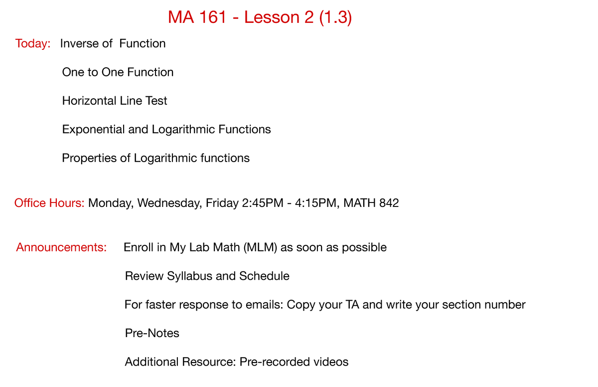 MA 161 Lesson 2: Inverses, Exponential & Logarithmic Functions - Studocu