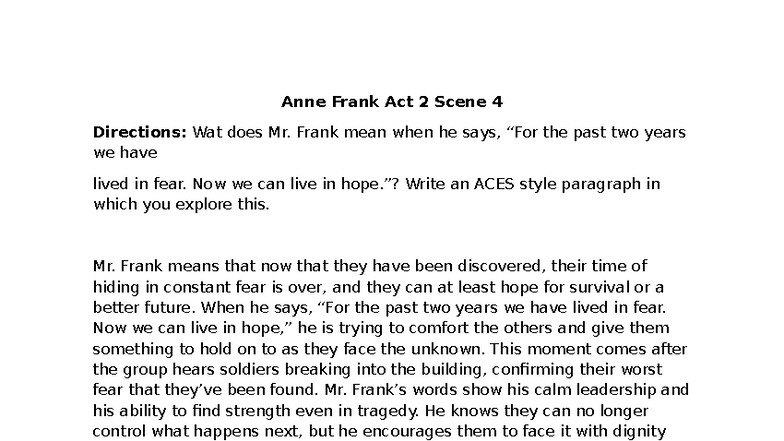 Anne Frank Act 2 Scene 4 Analysis: Living Beyond Fear - Studocu