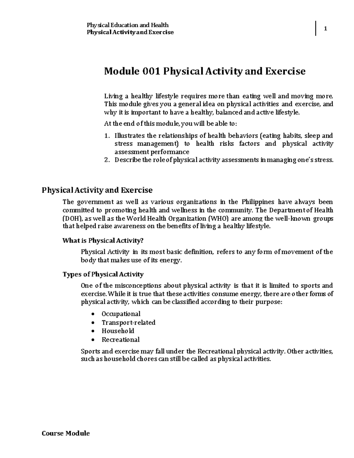 Physical Education 001: Module on Physical Activity & Exercise - Studocu