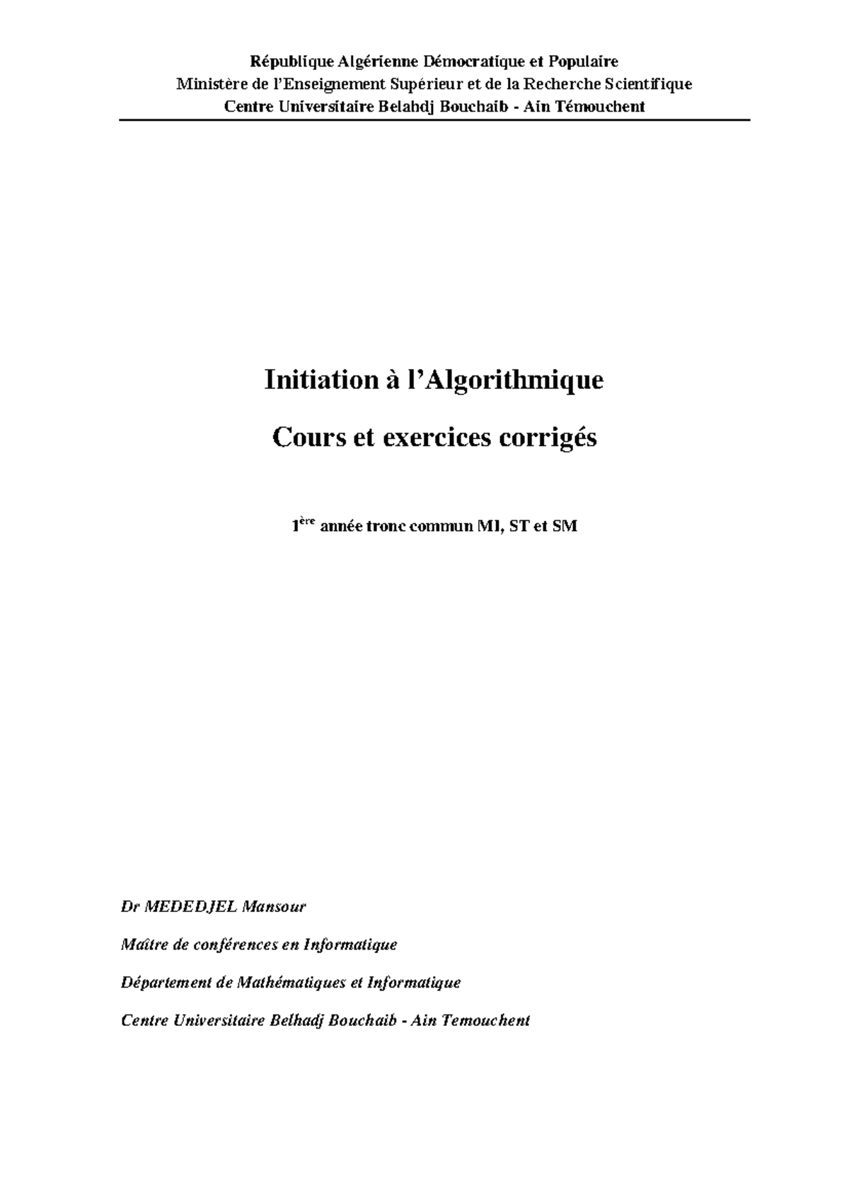 Initiation à l'Algorithmique L1 - Cours et Exercices Corrigés - Studocu