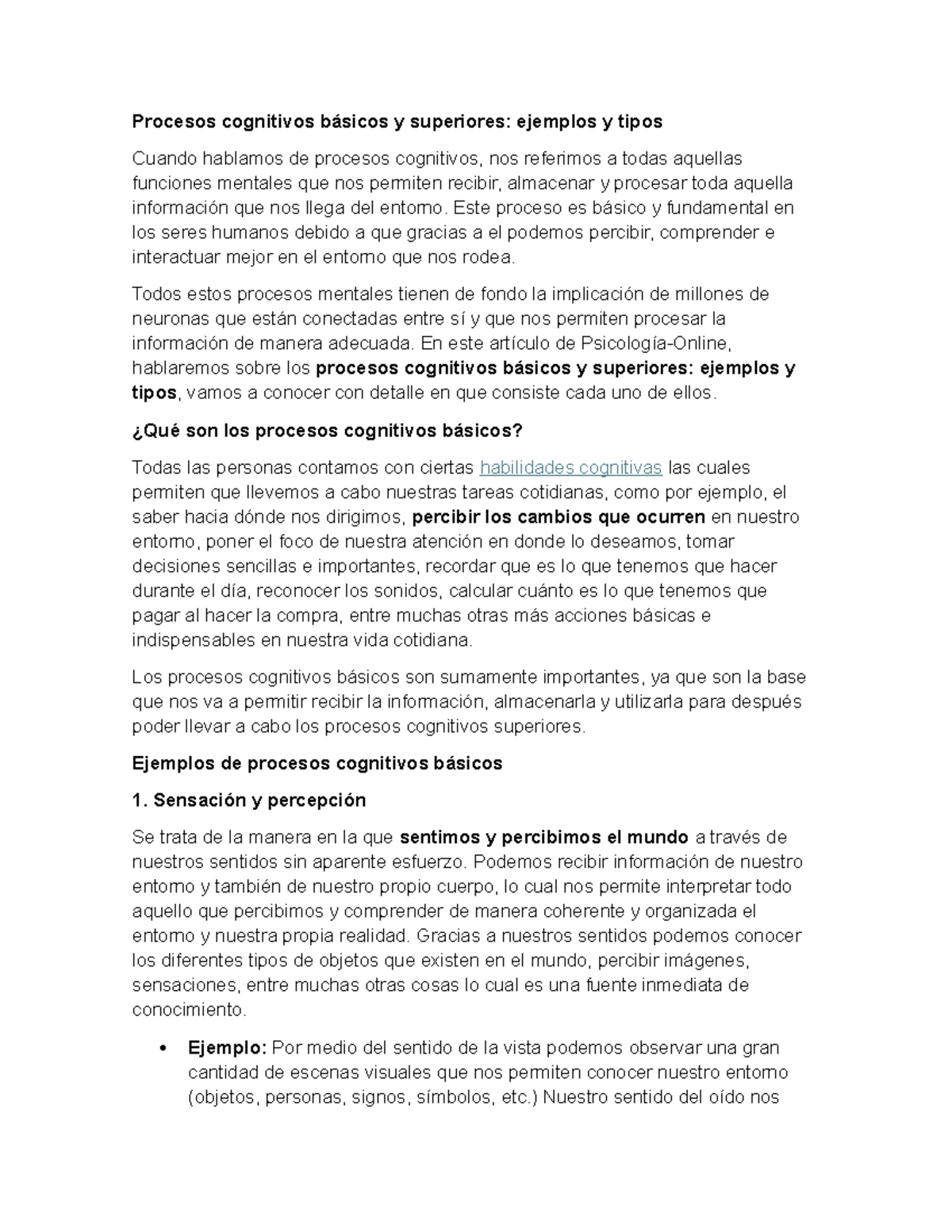 Procesos Cognitivos Básicos y Superiores: Ejemplos y Tipos - Studocu