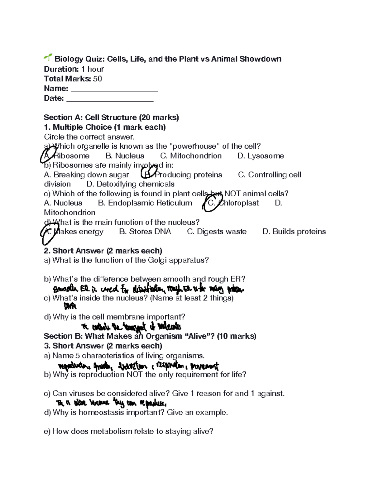 🌱 Biology Quiz: Cells, Life & Plant vs Animal - VBV - Studocu