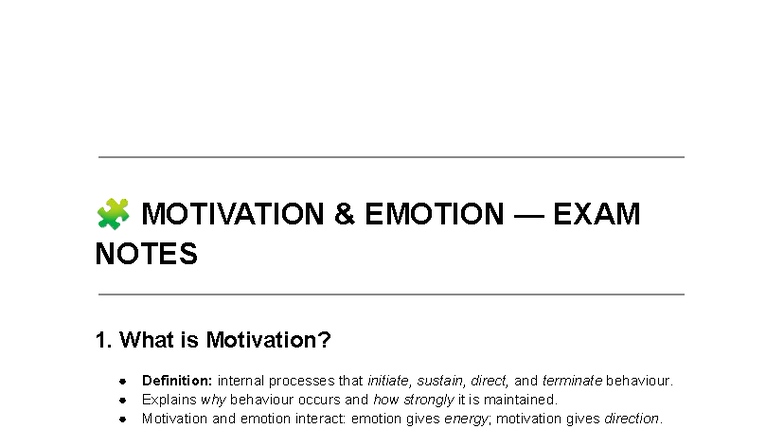 MOTIVATION & EMOTION — EXAM NOTES (PSY 101) - Studocu