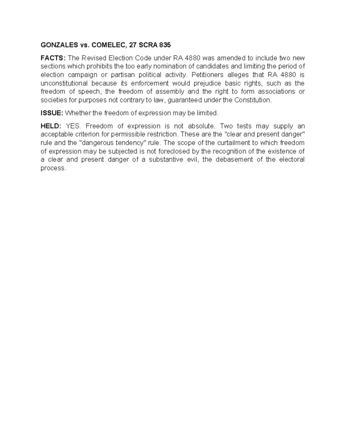 Gonzales vs. Comelec Case Study: Freedom of Expression Limits (SC ...