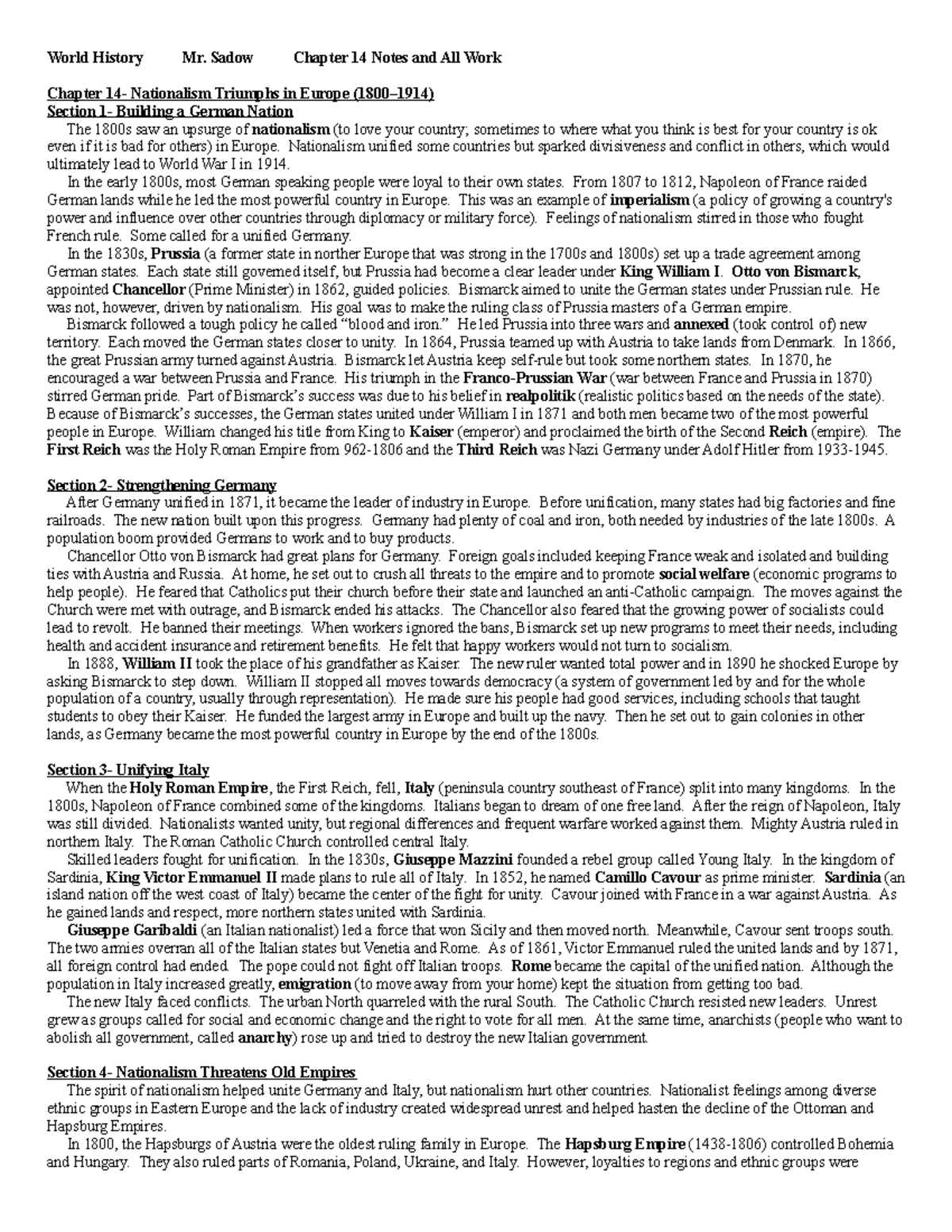 World History Mr. Sadow Chapter 14: Nationalism in Europe (1800-1914 ...