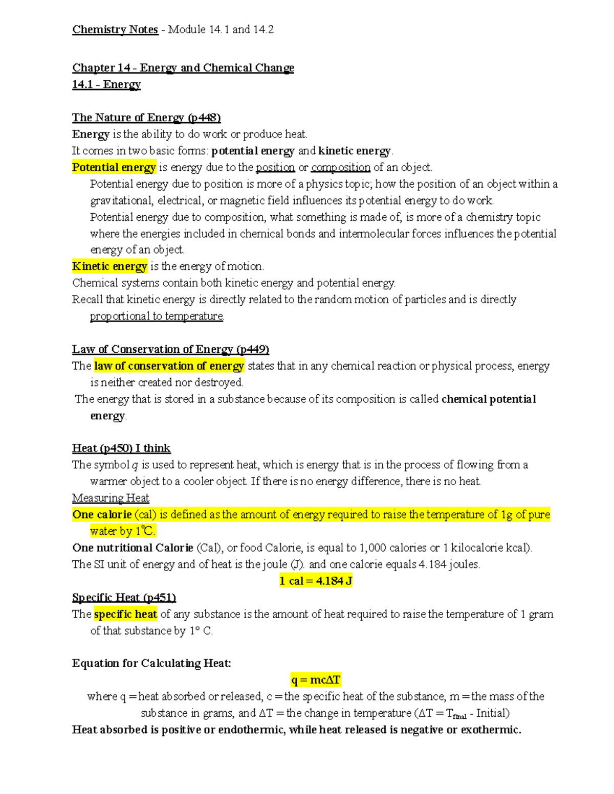 Chemistry Notes - Energy & Heat (Modules 14.1 & 14.2) Chapter 14 - Studocu