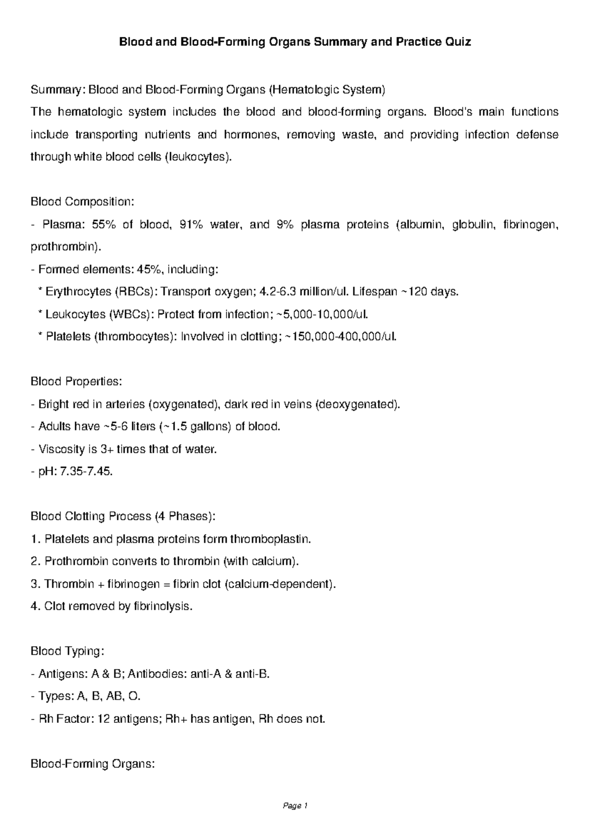 Blood and Blood-Forming Organs Summary & Practice Quiz (BIO 101) - Studocu