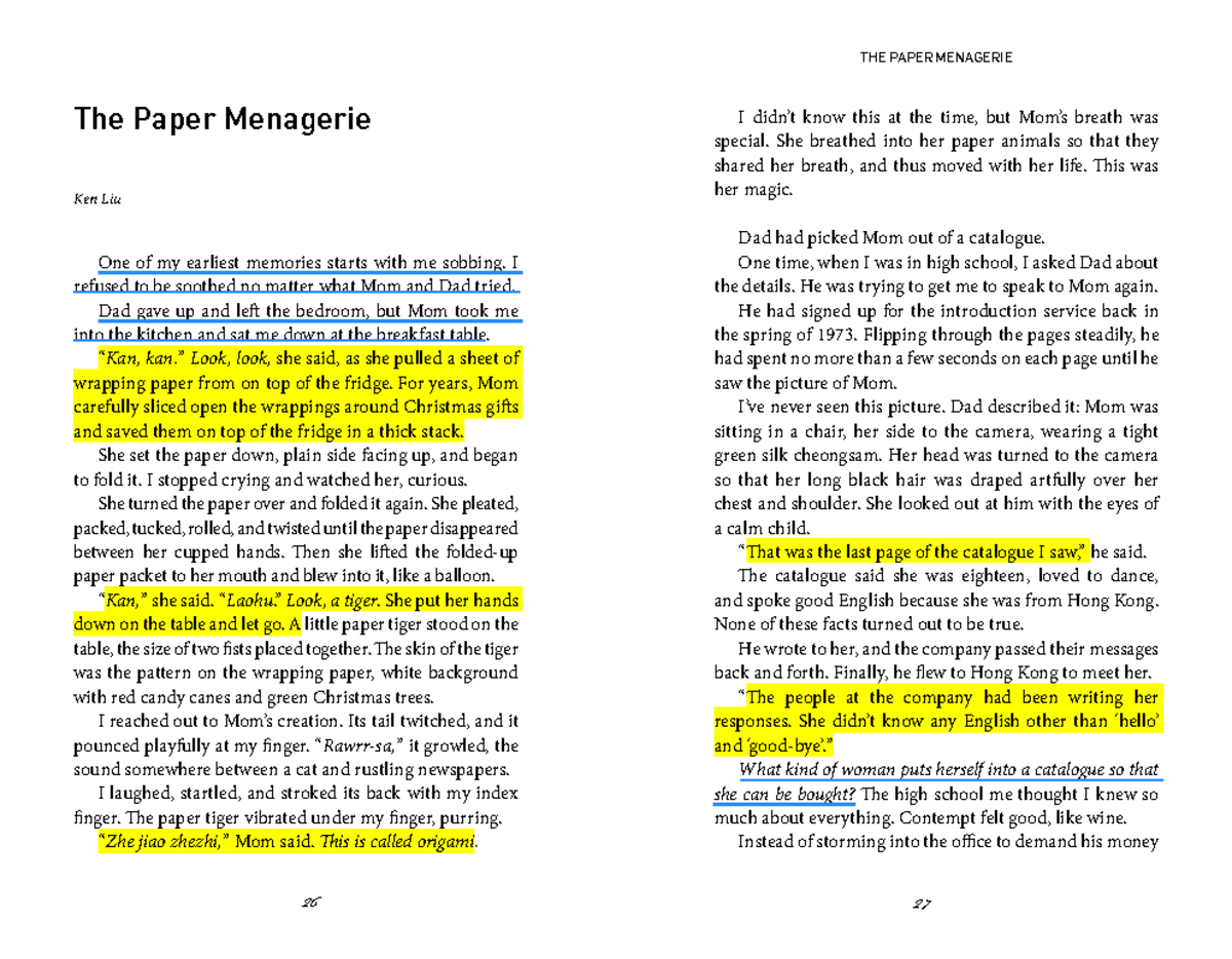 THE PAPER MENAGERIE: A Study of Ken Liu's Narrative Techniques - Studocu