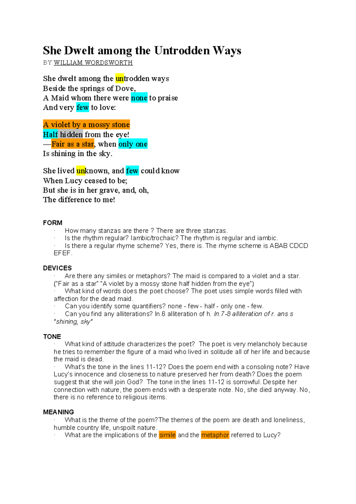 ENG 101: Analysis of "She Dwelt among the Untrodden Ways" - Studocu