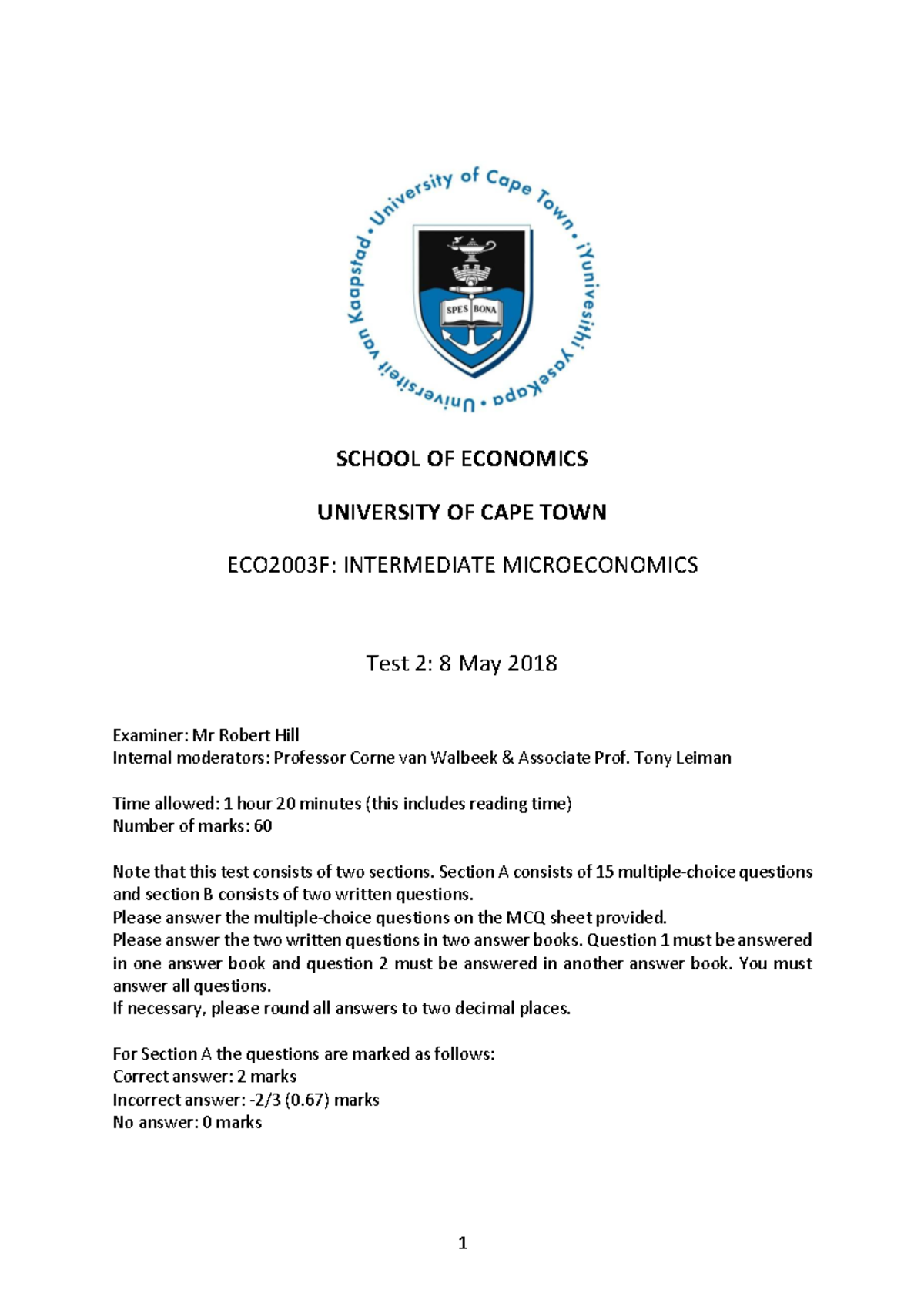 Eco2003f Intermediate Microeconomics Test 2 Past Paper 2018 Studocu
