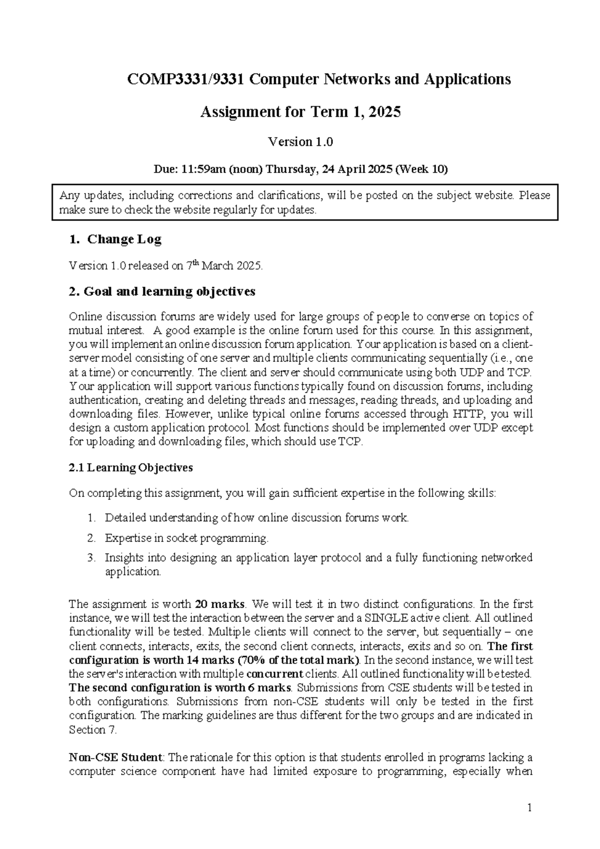 CSE 9331 Computer Networks Assignment 1: Discussion Forum App Spec - Studocu