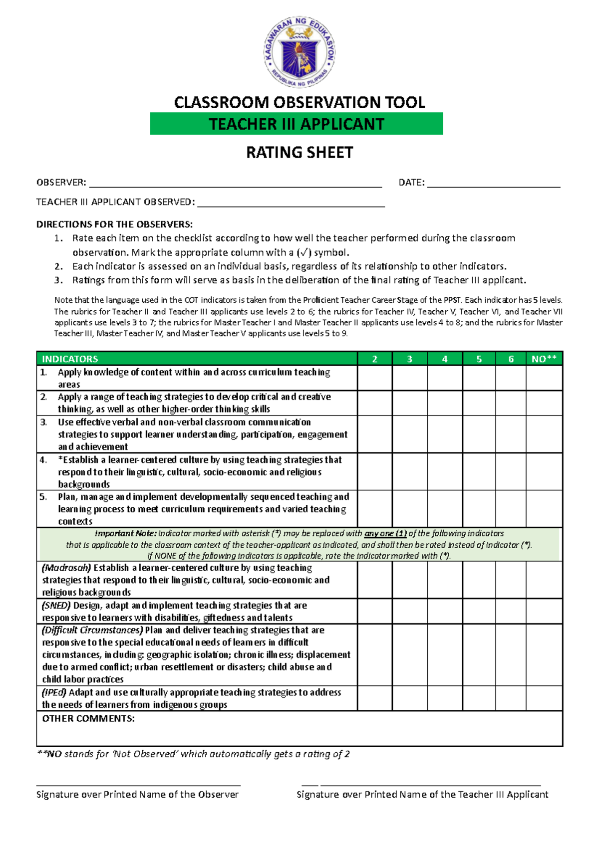 COT Rating Sheet for Teacher III Applicant Evaluation - Studocu