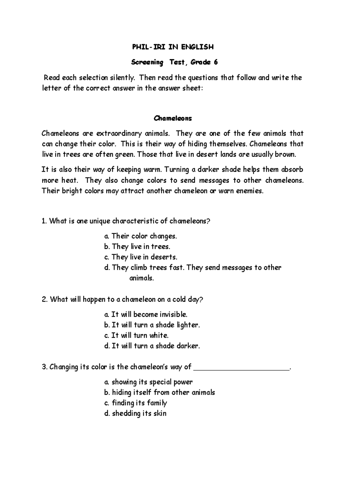 Group Screening Test for Grade 6 - Chameleons, Eagles & Coral Reefs ...