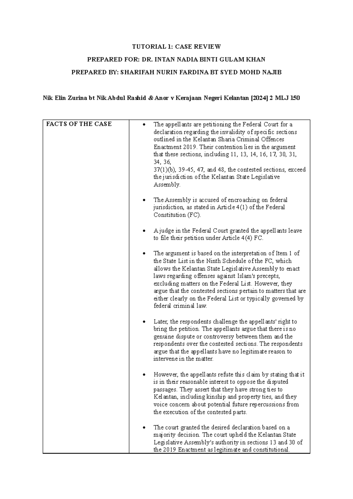 Tutorial 1 tlb8 - TUTORIAL 1: CASE REVIEW PREPARED FOR: DR. INTAN NADIA ...