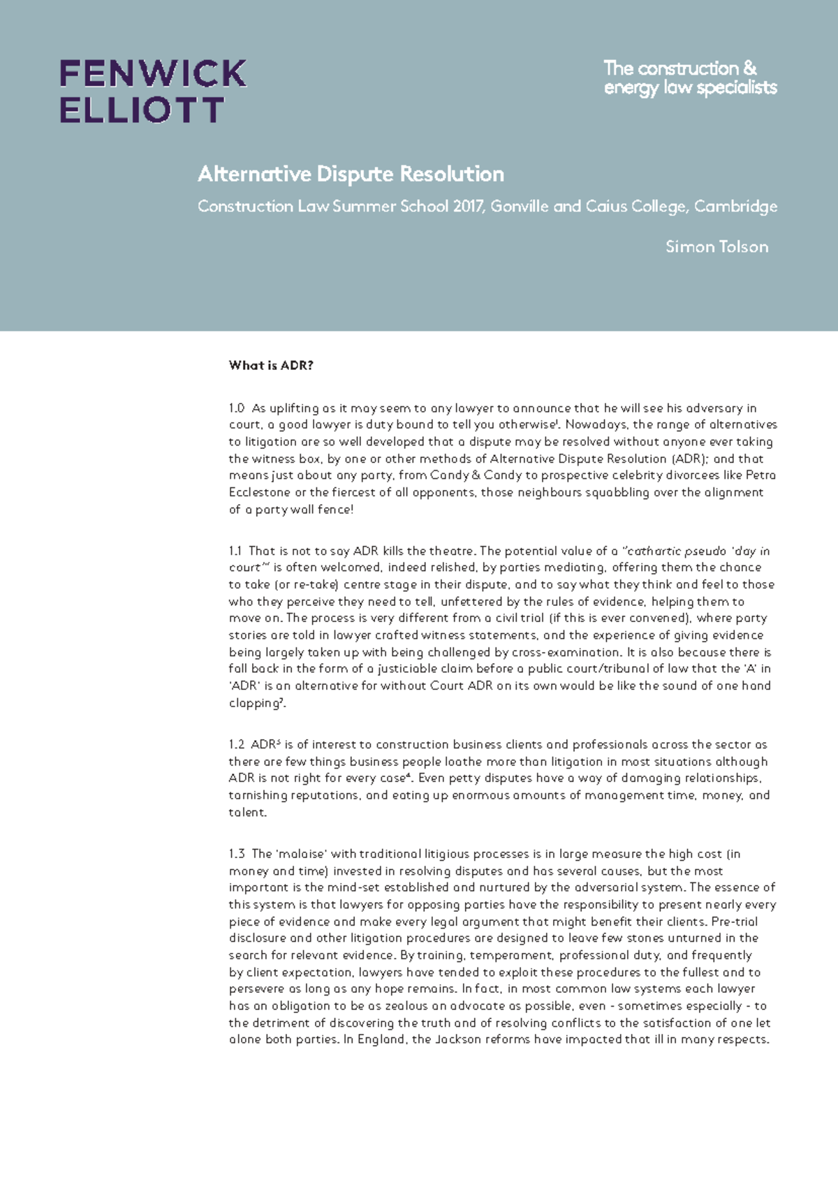 Alternative Dispute Resolution in Construction Law - Summer School 2017 ...