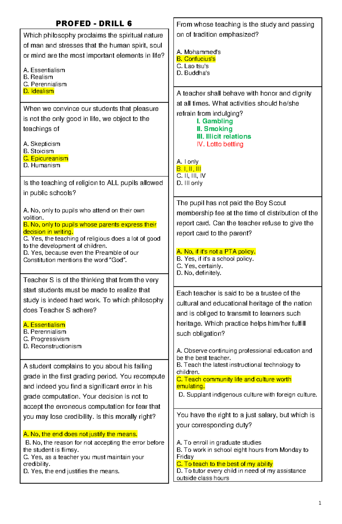 PROFED 6 - LET Board Exam Drills on Educational Philosophy & Ethics - Studocu