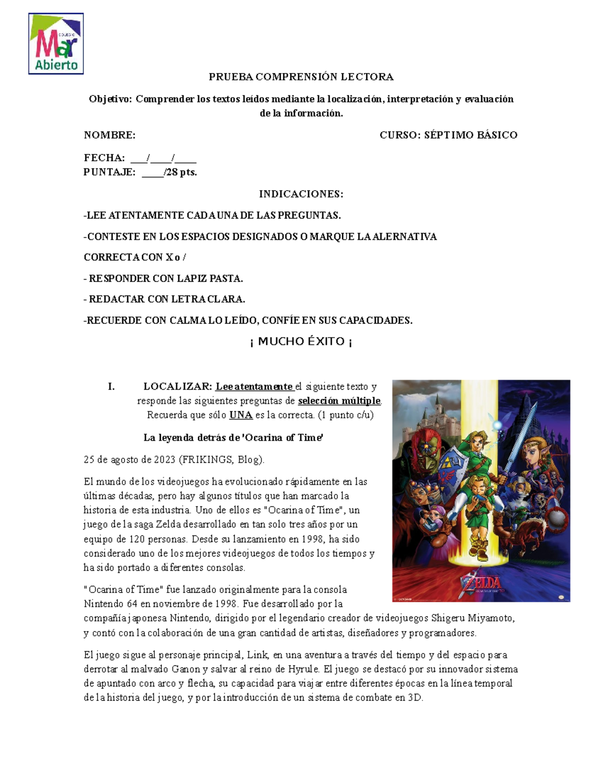Prueba Comprensión Lectora Séptimo Básico - "Ocarina of Time" - Studocu