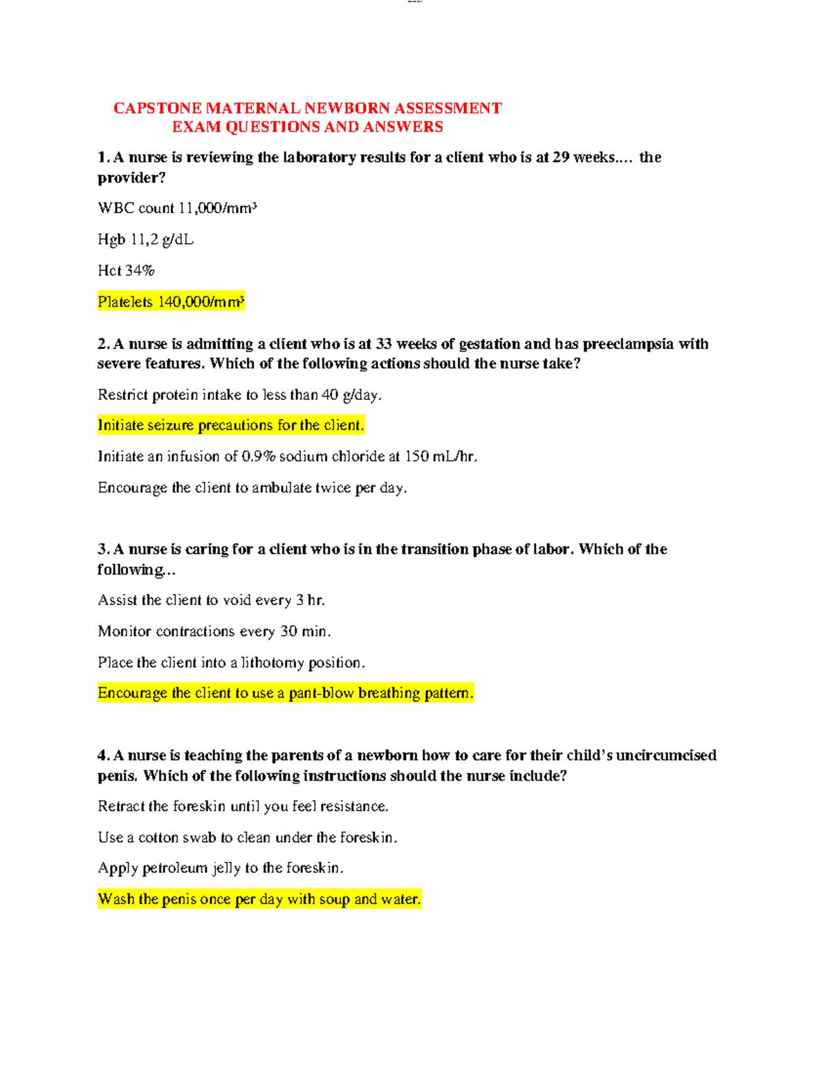 Capstone Maternal Newborn Assessment Exam Q&A Study Guide - Studocu