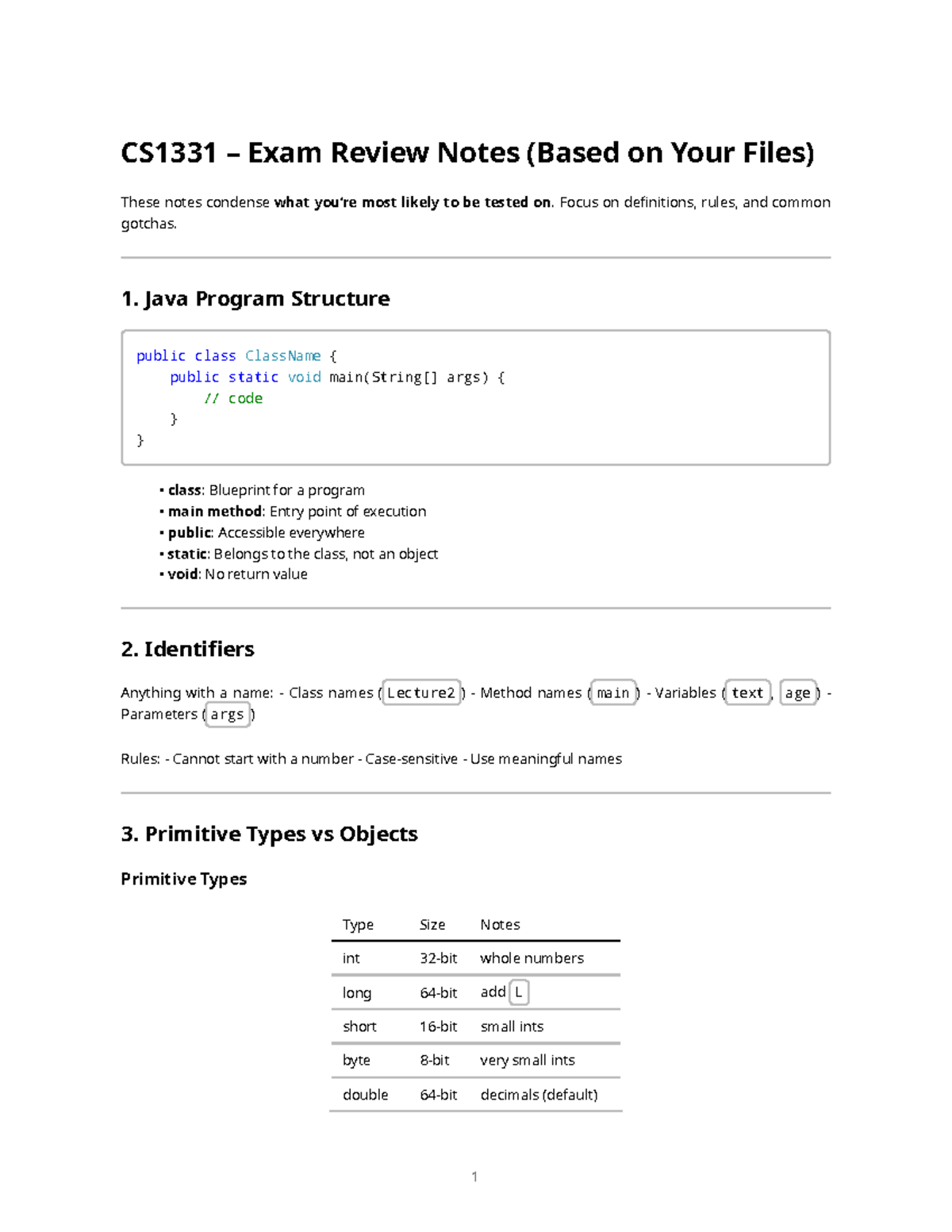 CS1331 Final Exam Review Notes: Key Concepts from Lectures 2-8 - Studocu