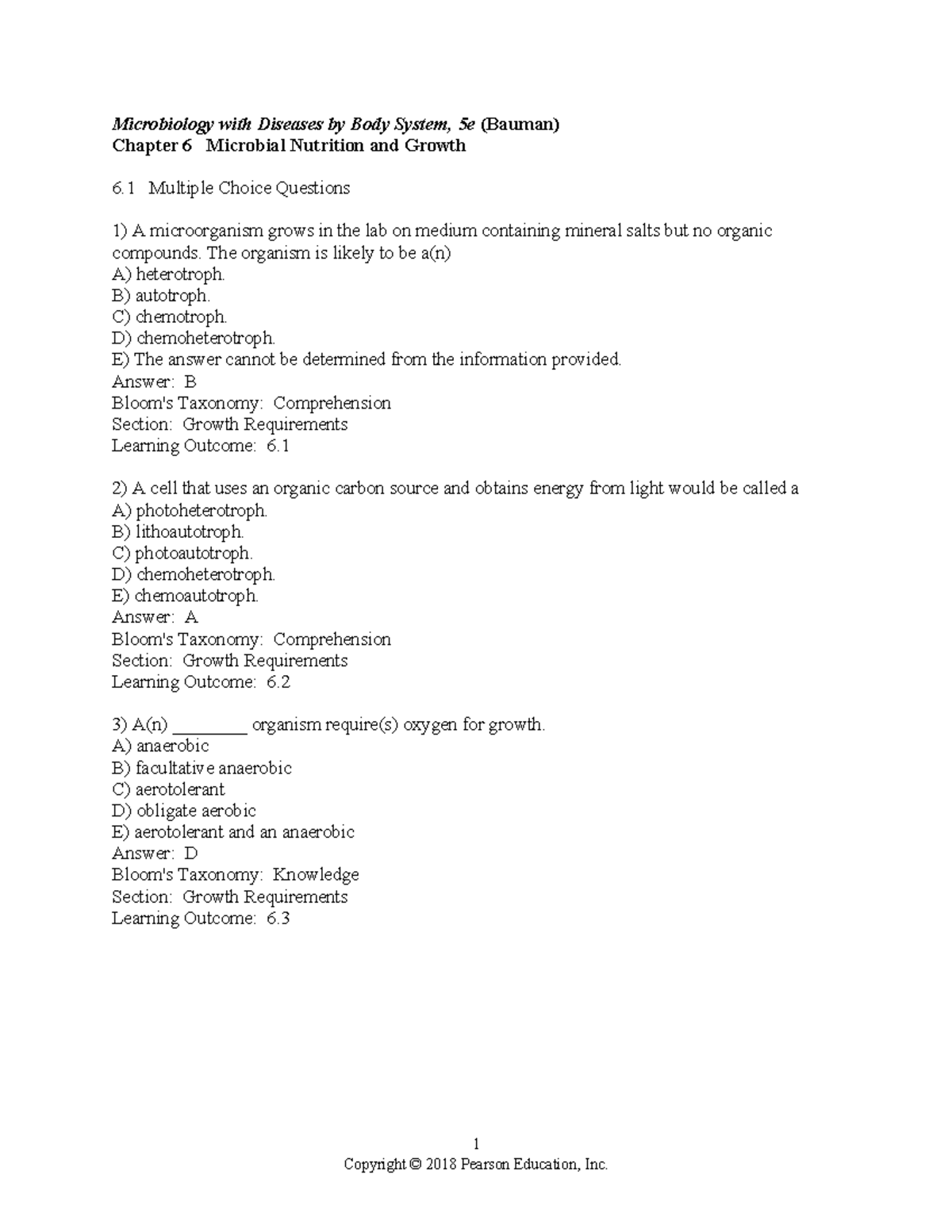 Microbiology Chapter 6: Microbial Nutrition and Growth MCQs & T/F ...