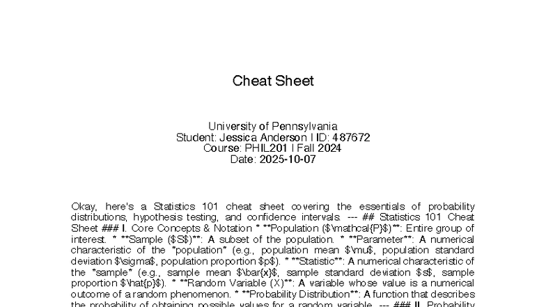PHIL201 Fall 2024: Statistics 101 Cheat Sheet on Probability ...