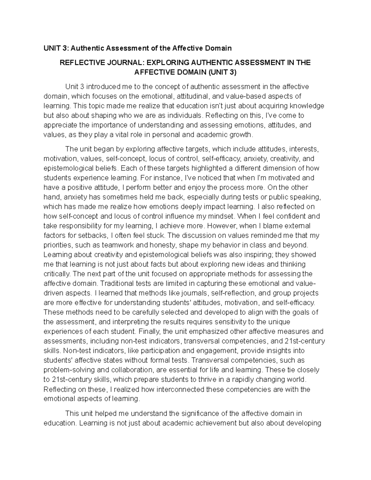 Reflective Journal On Authentic Assessment Teaching Practice Units 3