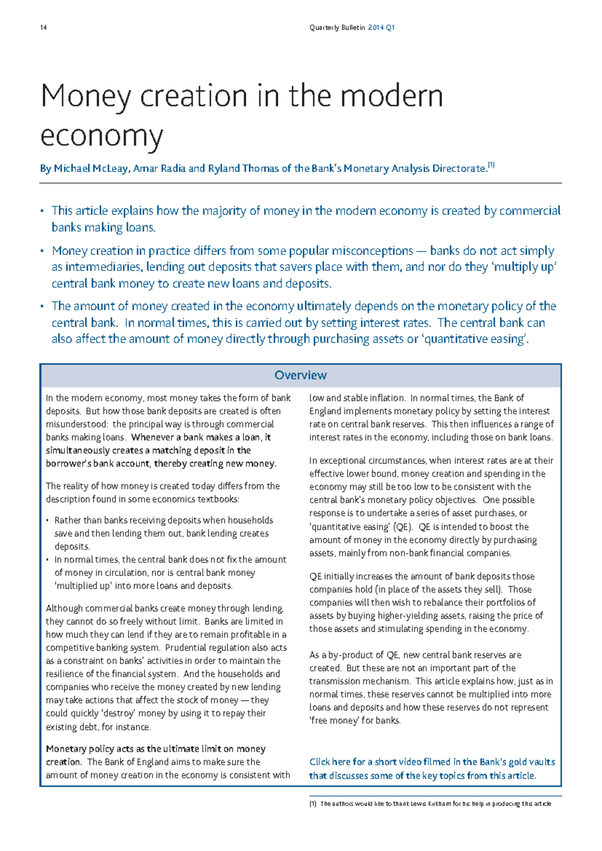 Money Creation in the Modern Economy: Insights from Q1 2014 Bulletin ...
