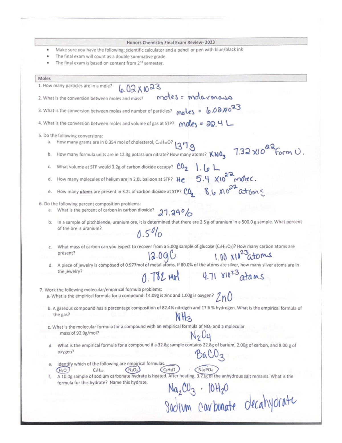 Honors Chemistry (CHEM 101) Final Exam Review Guide - 2023 - Studocu
