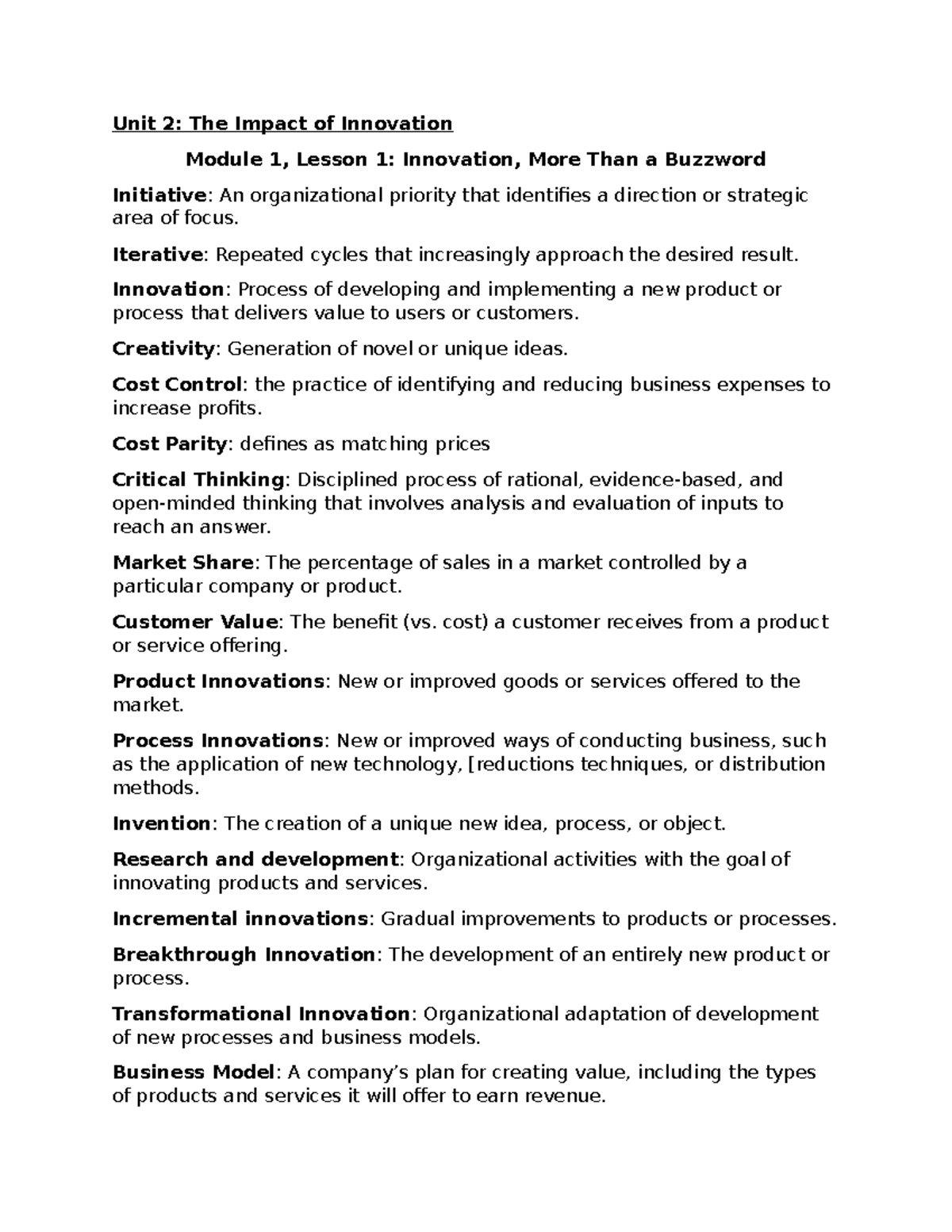 D081 Notes - Unit 2: The Impact of Innovation Module 1, Lesson 1 ...